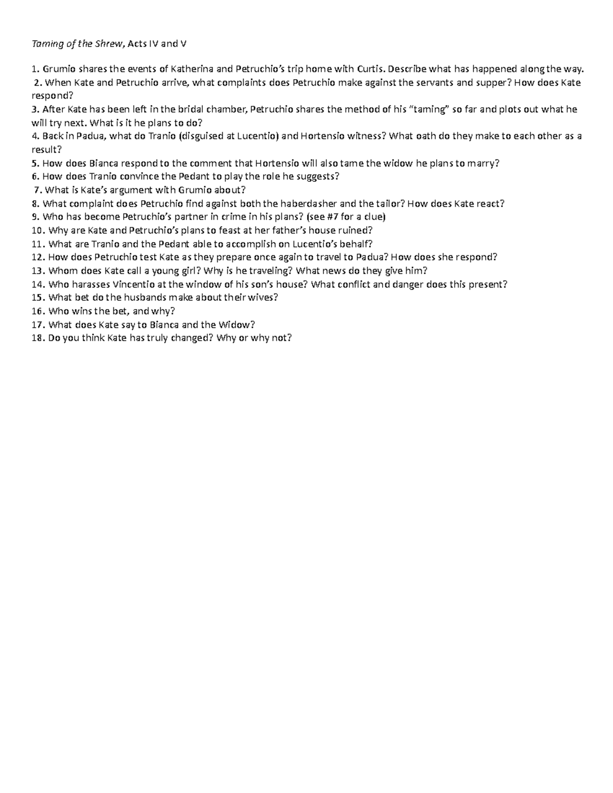 Taming of the Shrew: Analysis of Acts IV and V - Studocu