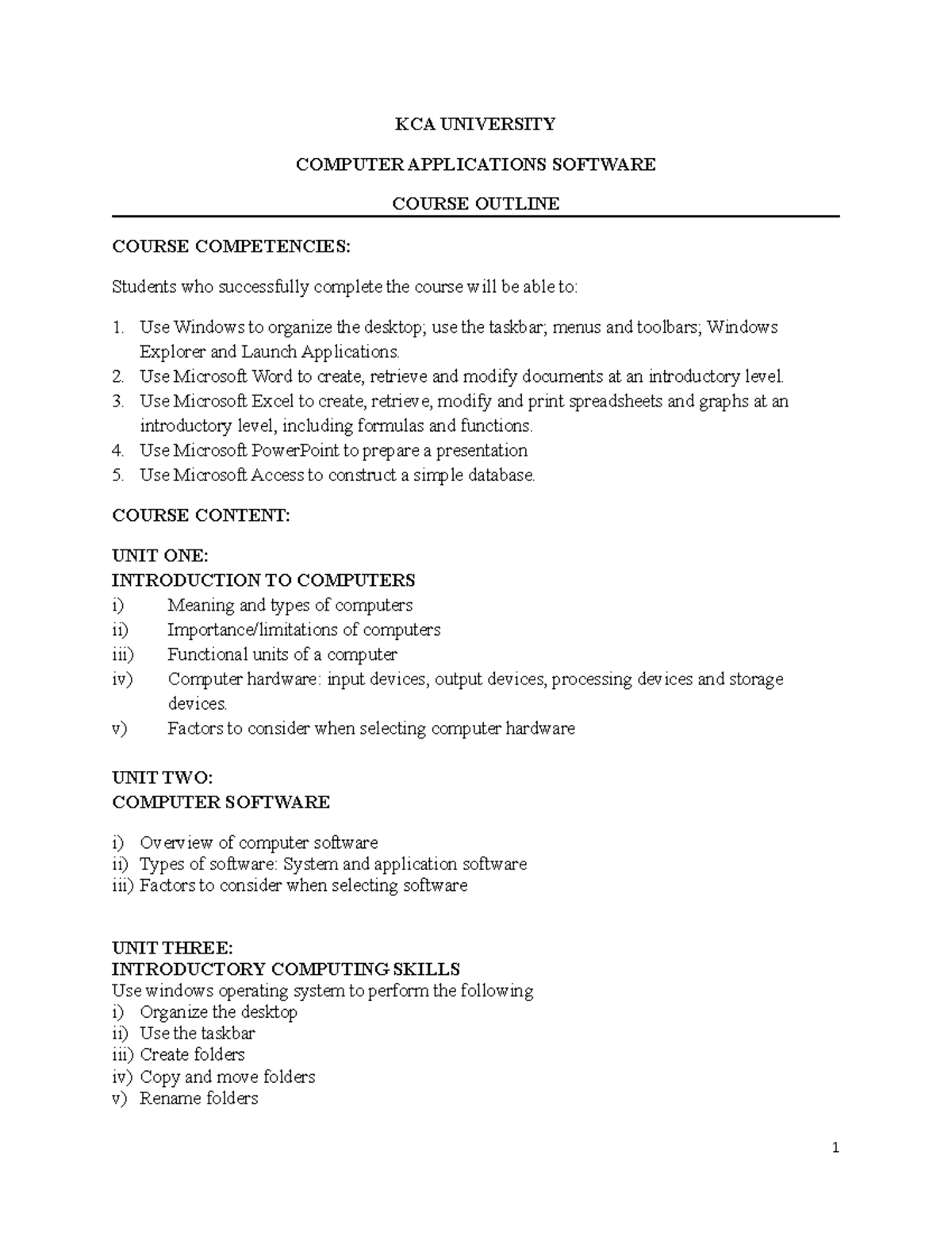 KCA 101: Computer Application Software Course Outline and Competencies ...