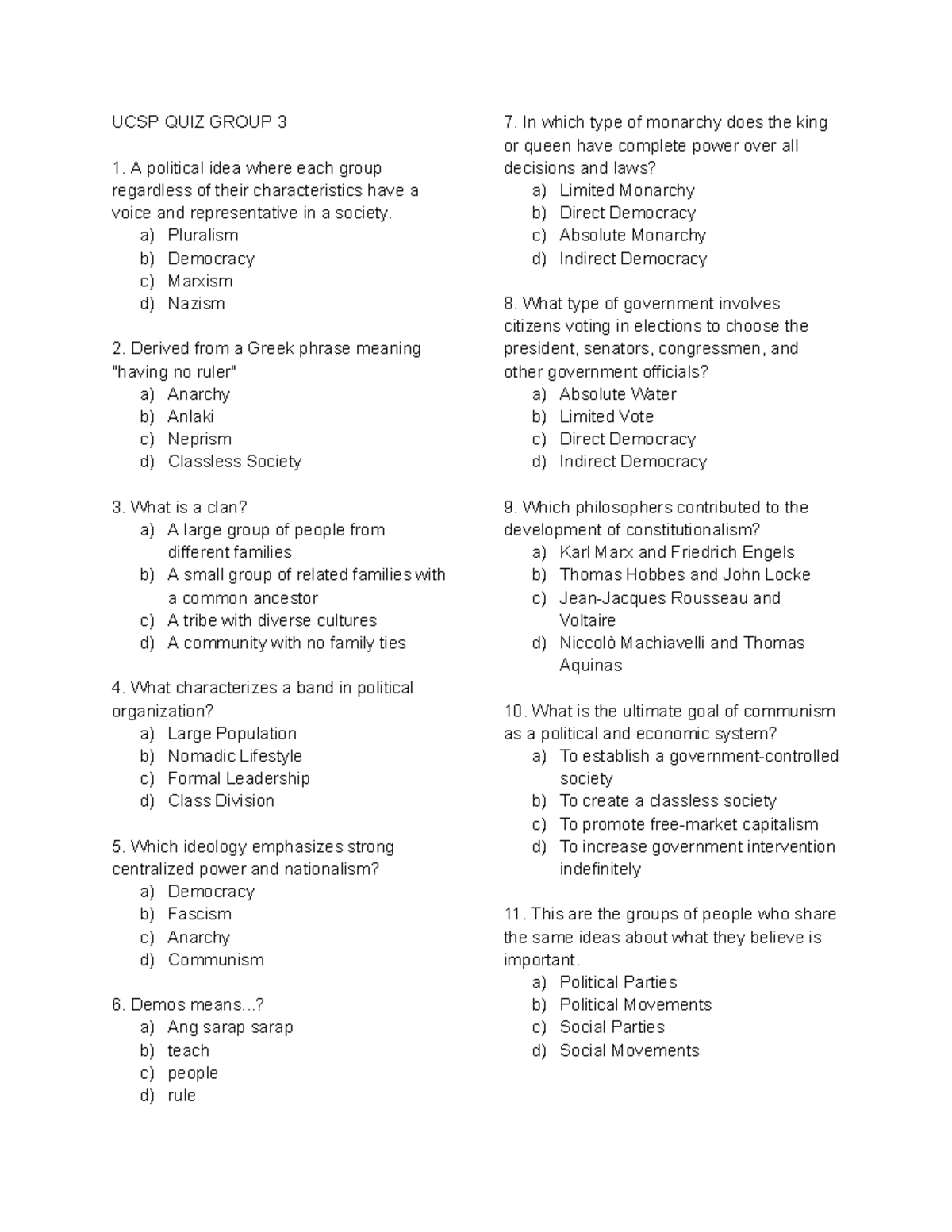 UCSP QUIZ 1 - GROUP 3 QUESTIONS AND ANSWERS - Studocu