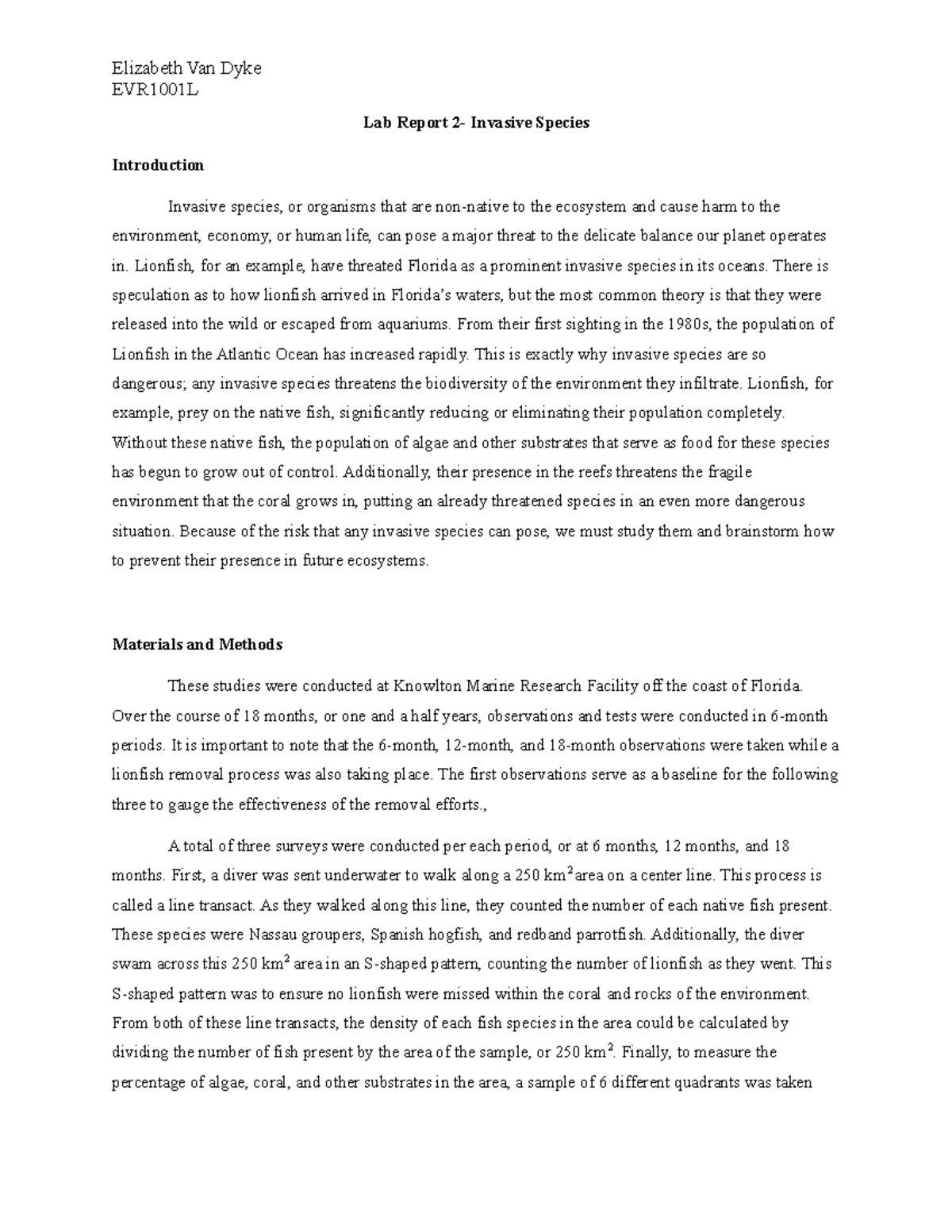 Invasive Species Lab Report - EVR1001L Lab Report 2- Invasive Species ...