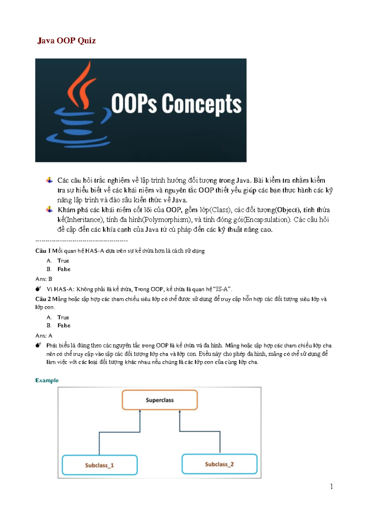 Quiz Java OOP: Câu Hỏi Trắc Nghiệm và Đáp Án Giải Thích - Studocu