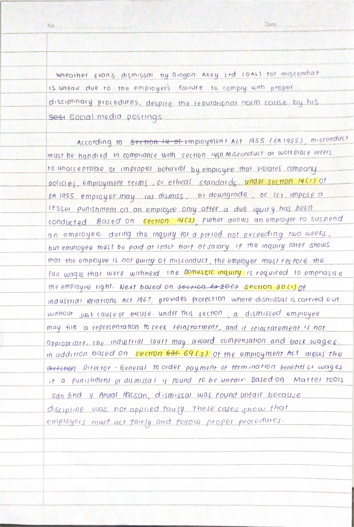 Case Study on Unfair Dismissal: DAL Misconduct & Procedures (LAW) - Studocu