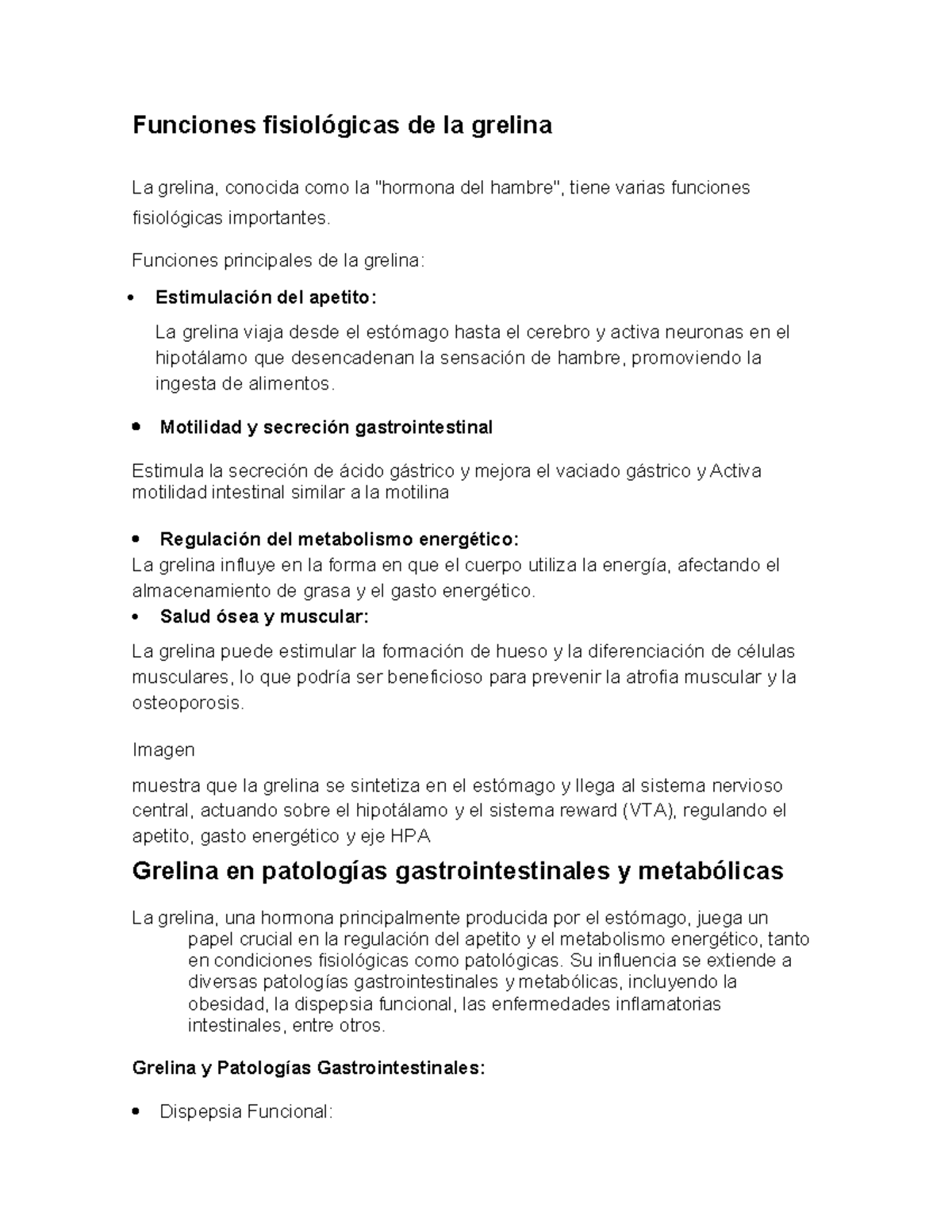 Funciones Fisiológicas y Patológicas de la Grelina: Un Análisis - Studocu