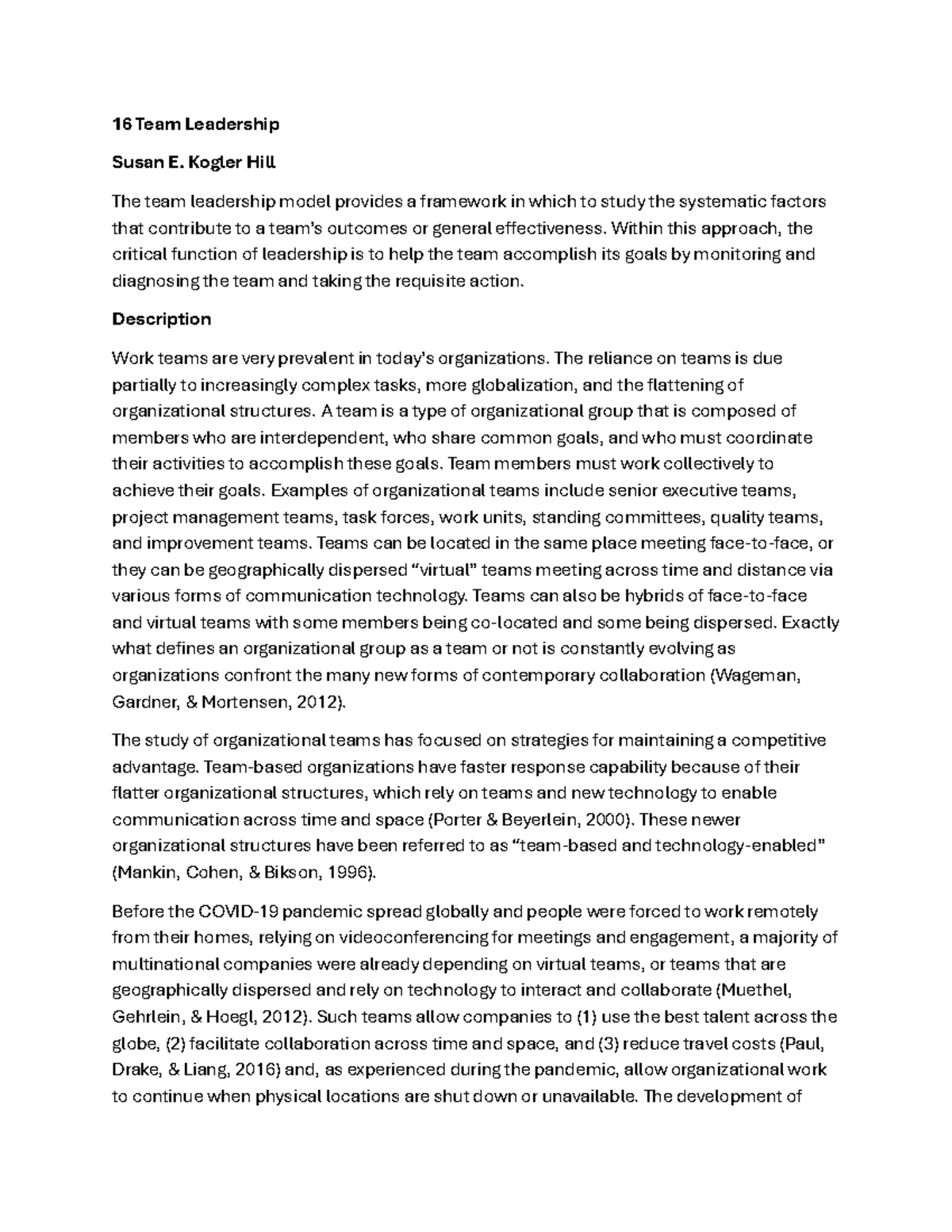 Chapter 16: The Hill Model for Team Leadership and Effectiveness - Studocu