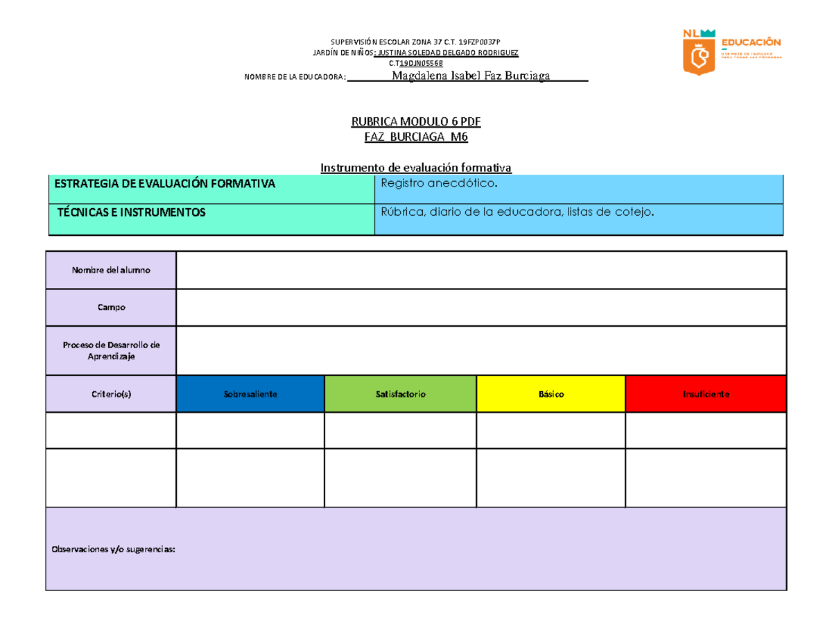 Rubrica Modulo 6 PDF - TAREA - SUPERVISIÓN ESCOLAR ZONA 37 C. 19FZP0037P JARDÍN DE NIÑOS ...