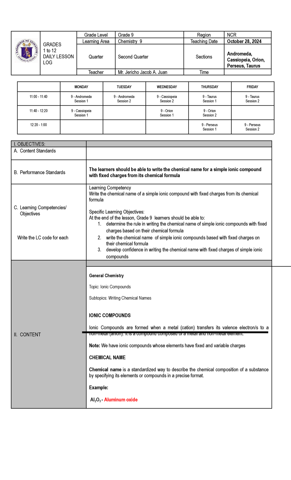 Grade 9 Chemistry Lesson Plan: Naming Simple Ionic Compounds - Studocu