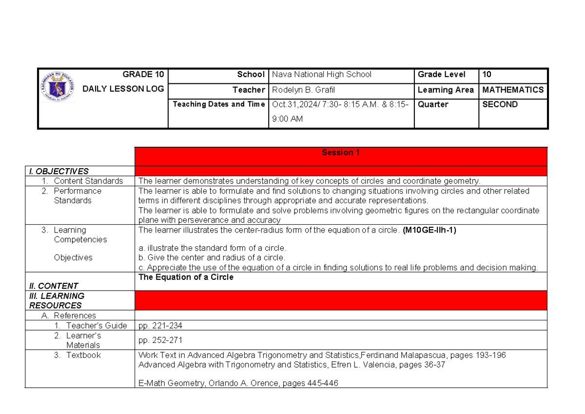 G10 DLL: Understanding the Equation of a Circle in Geometry - Studocu