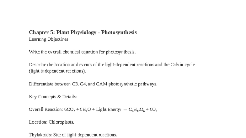 Chapter 5: Plant Physiology - Photosynthesis Study Guide (Botany 5 ...
