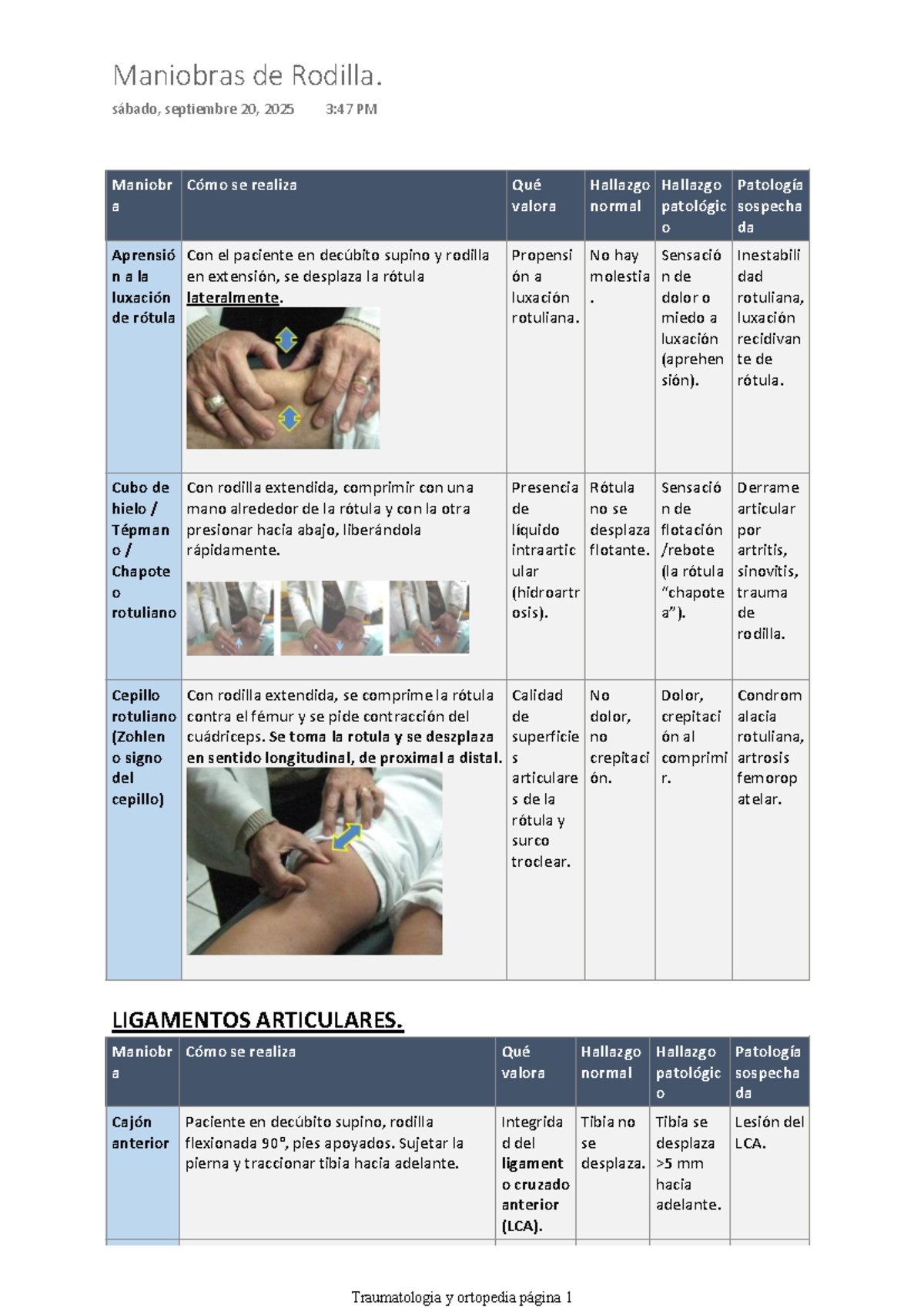 Maniobras de Rodilla: Evaluación y Hallazgos Clínicos - Studocu
