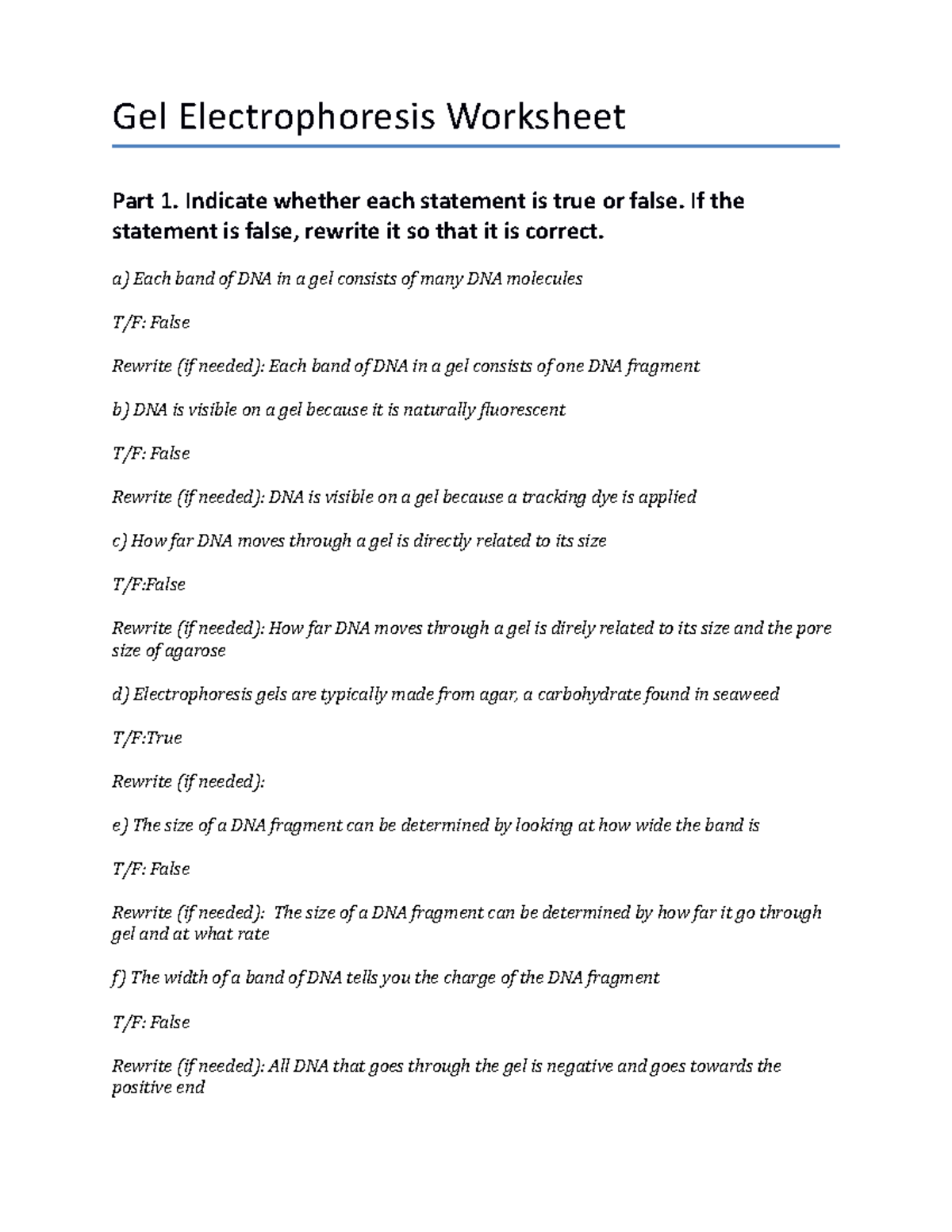 Gel Electrophoresis Worksheet - Indicate whether each statement is true ...