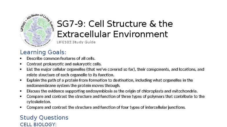 LIFE102 Final Exam Study Guide: Cell Structure & Function - Studocu