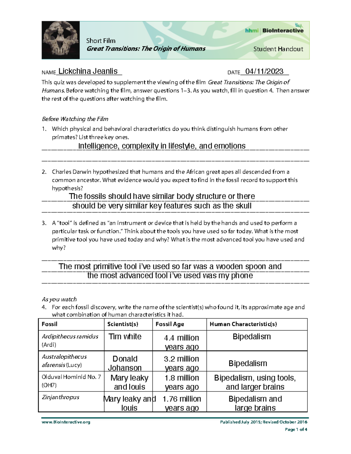 IDG 101 Quiz: Great Transitions - The Origin of Humans - Studocu