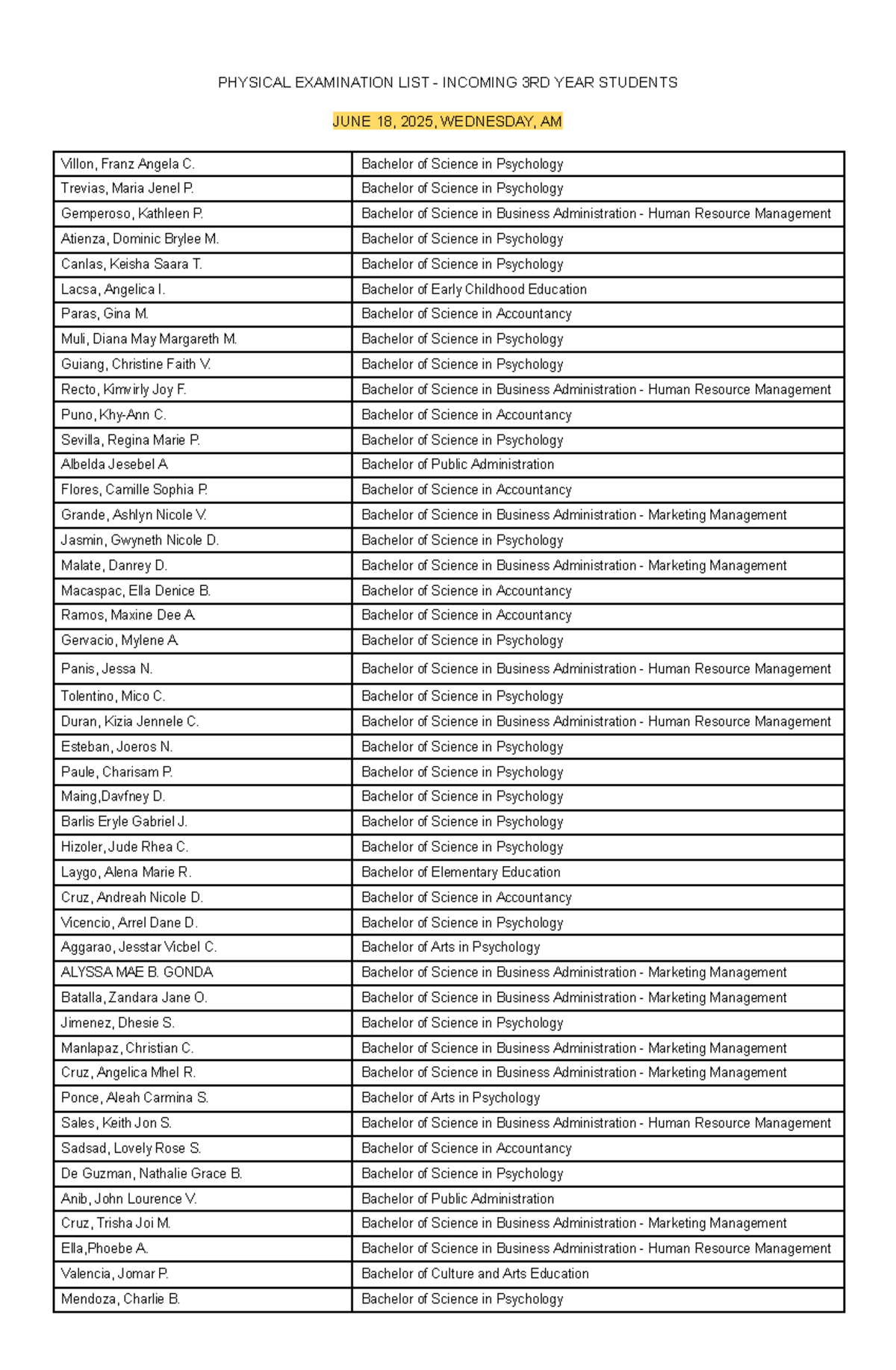 PHYSICAL EXAMINATION LIST FOR INCOMING 3RD YEAR STUDENTS (JUNE 2025 ...