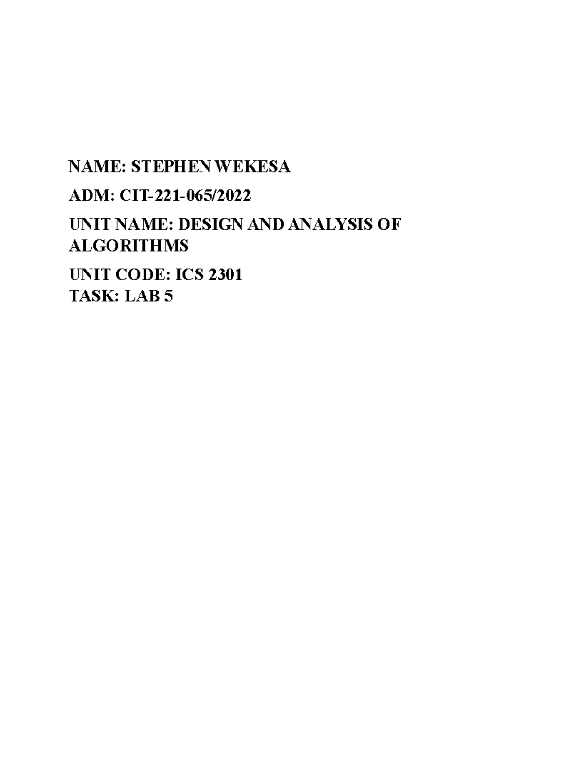 CIT-221-065 Lab 5 - Design and Analysis of Algorithms Lecture Notes ...