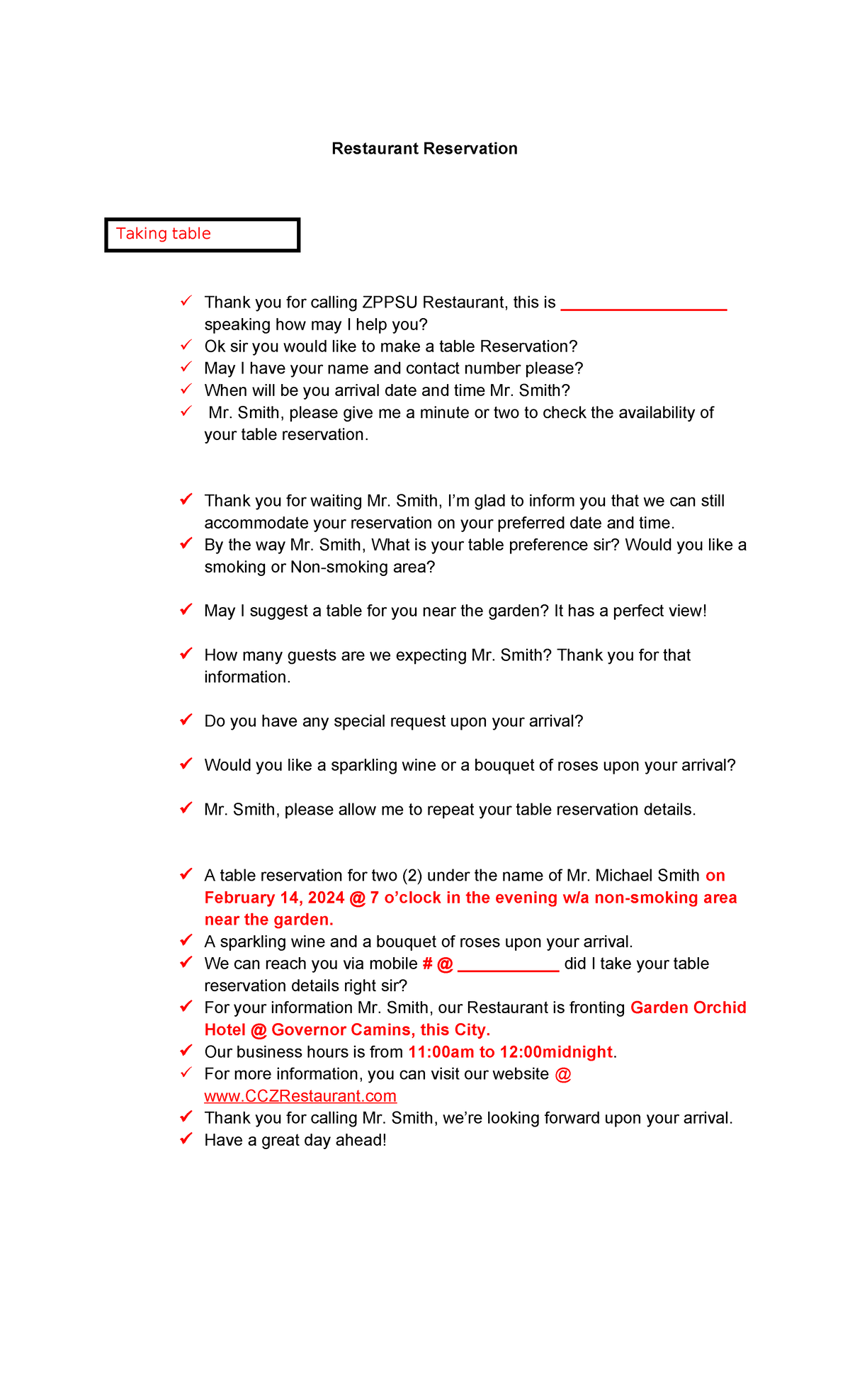 FBS NC II: Restaurant Reservation and Service Script - Studocu