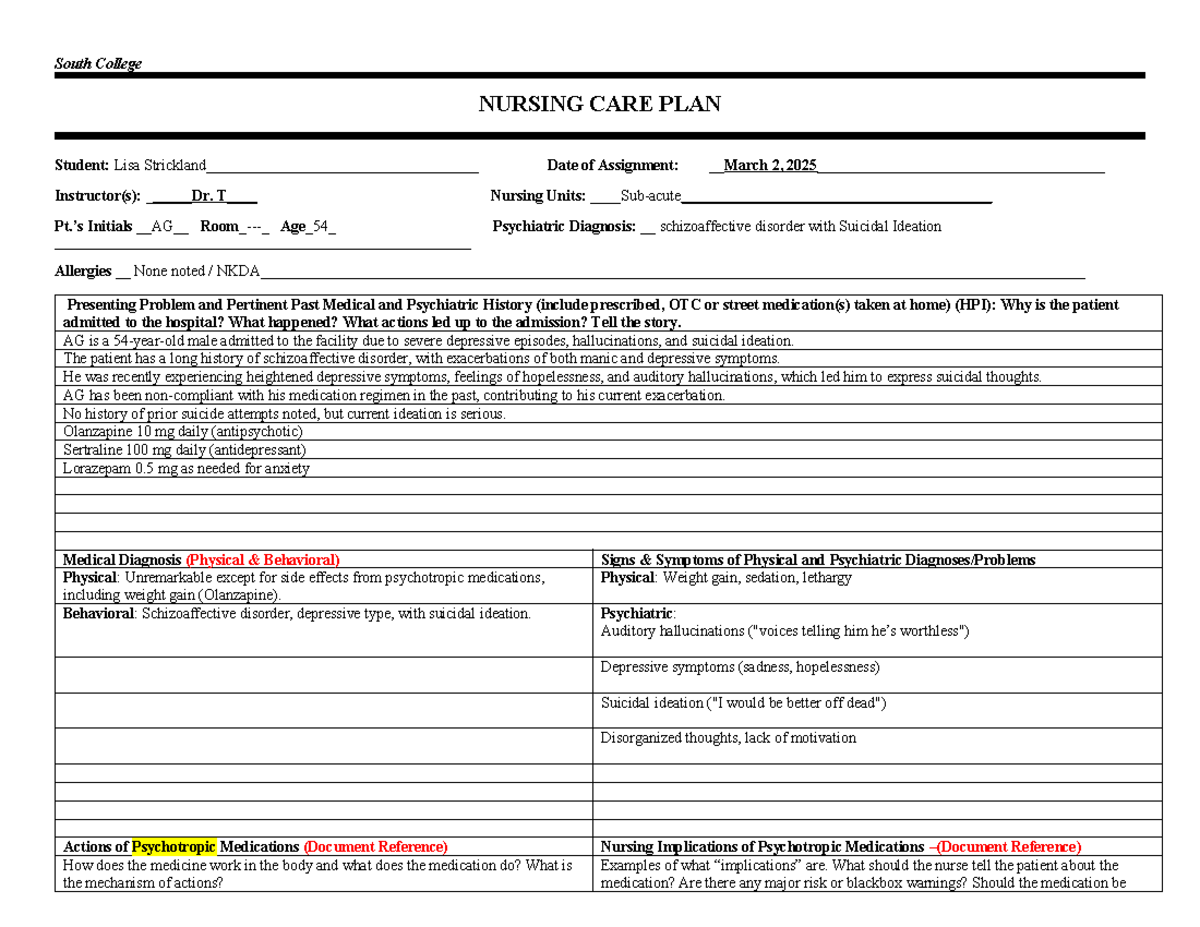 NURS 101: Nursing care plan for patient with schizoaffective disorder ...