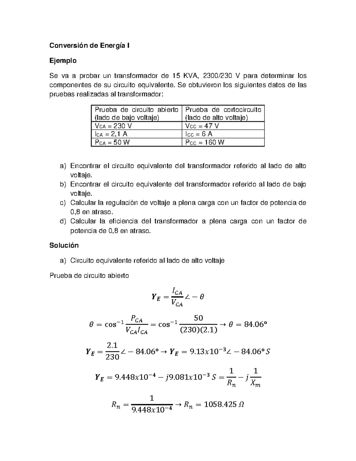 Ejemplo de Regulación de Voltaje y Eficiencia en Transformadores (Energía I) - Studocu