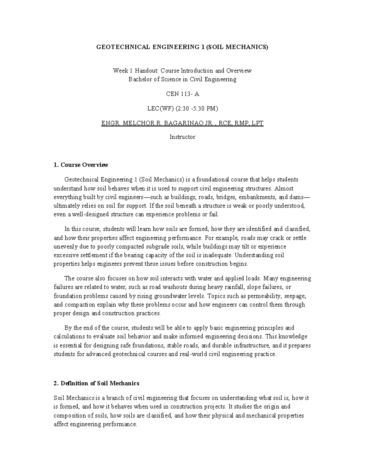GEOTECHNICAL ENGINEERING 1 (SOIL MECHANICS) Week 1 Overview Handout ...