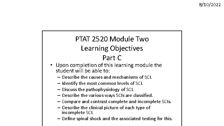 PTA 230 & PTAT 2520 Module Two Learning Objectives: SCI & TBI - Studocu