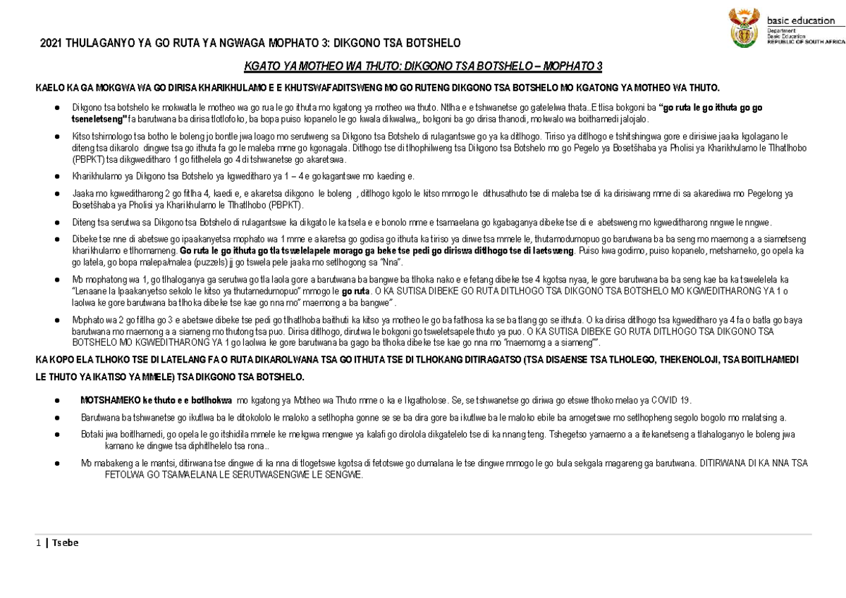 2021 THULAGANYO YA GO RUTA YA NGWAGA MOPHATO 3: DIKGONO TSA BOTSHELO - Studocu