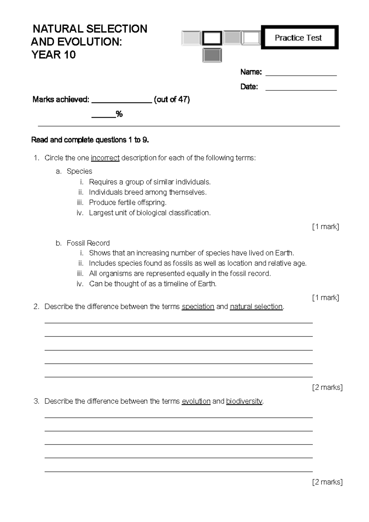 Year 10 Natural Selection and Evolution Practice Test 1 - Studocu