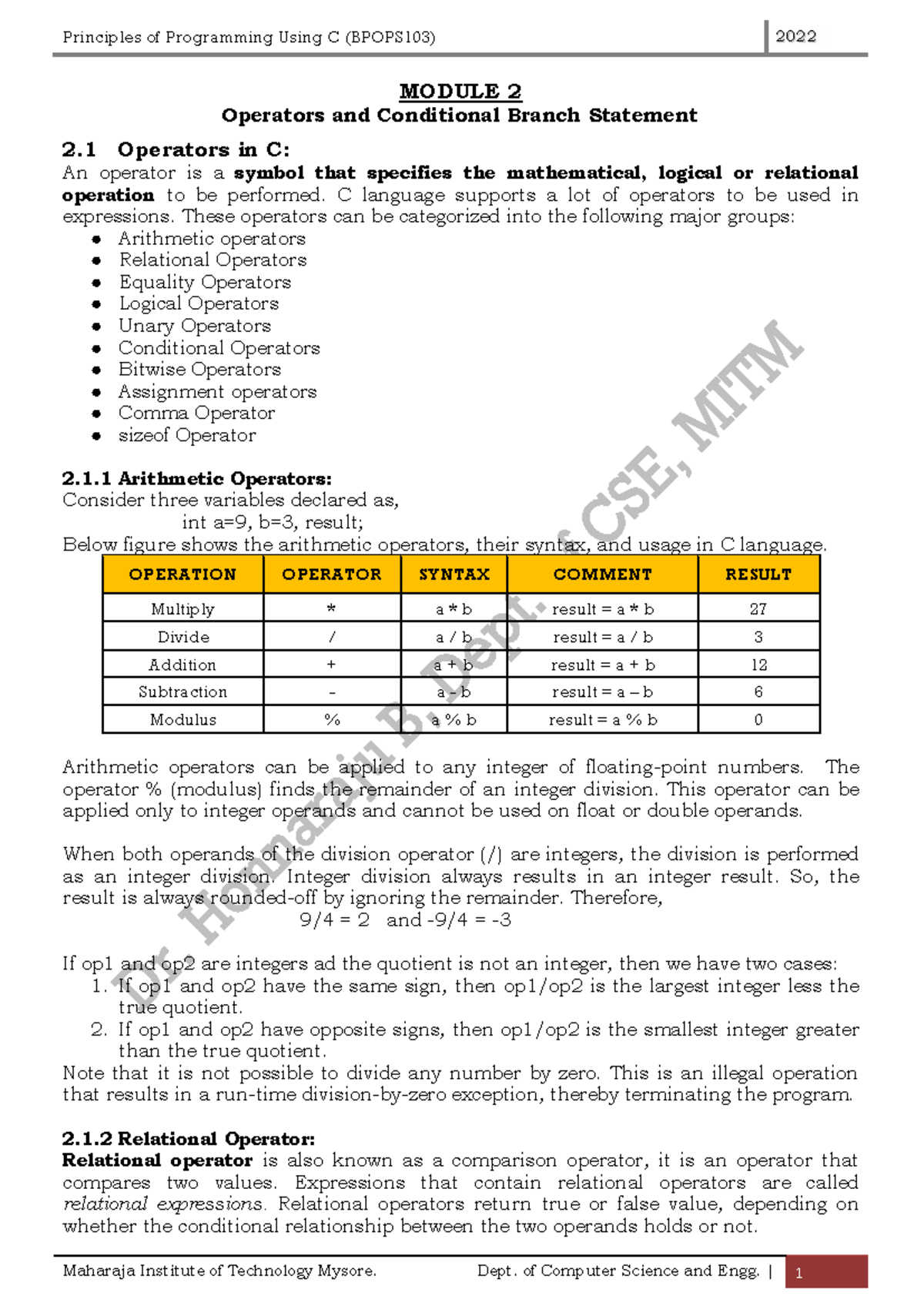 Principles of Programming Using C (BPOPS103) - Module 2 Notes - Studocu