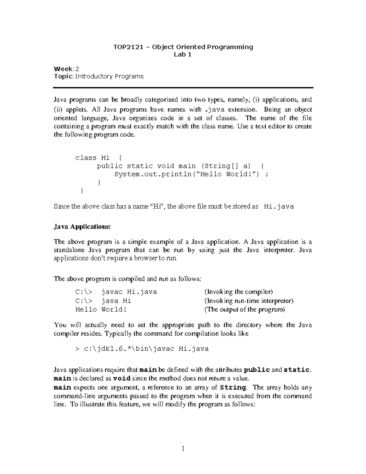 Lab 1 - lab work with exercise - TOP2121 – Object Oriented Programming Lab 1 Week: 2 Topic ...