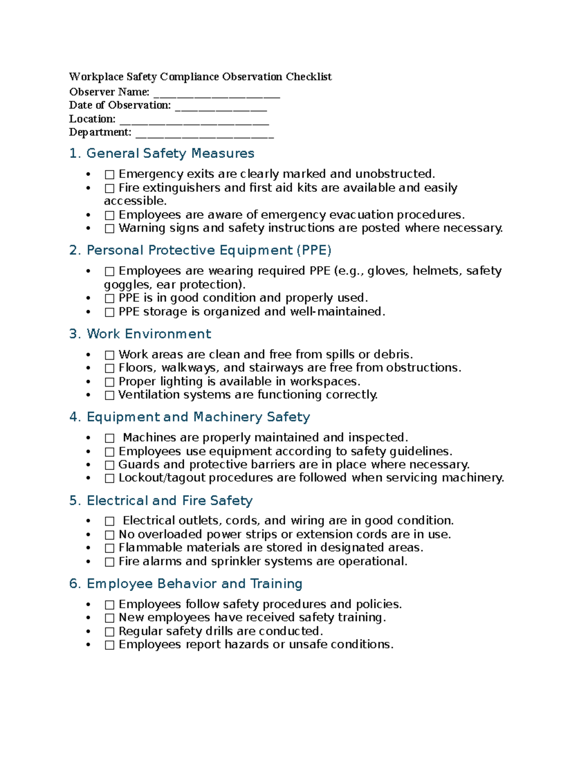 Workplace safety compliance observation checklist - Studocu