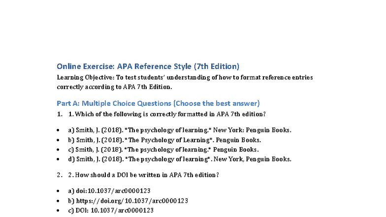 APA 7th Edition Reference Style Online Exercise - Studocu