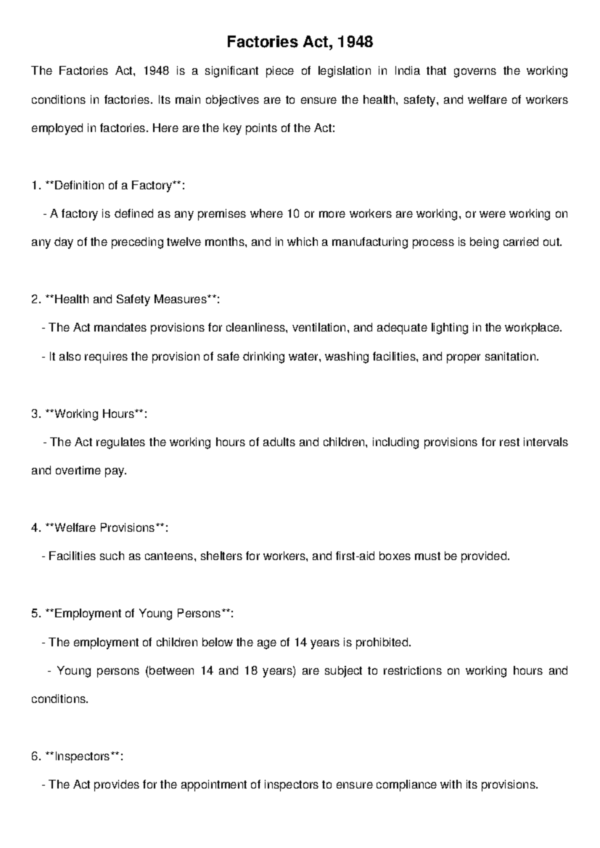 Factories Act 1948: Key Highlights & Summary Notes - Studocu