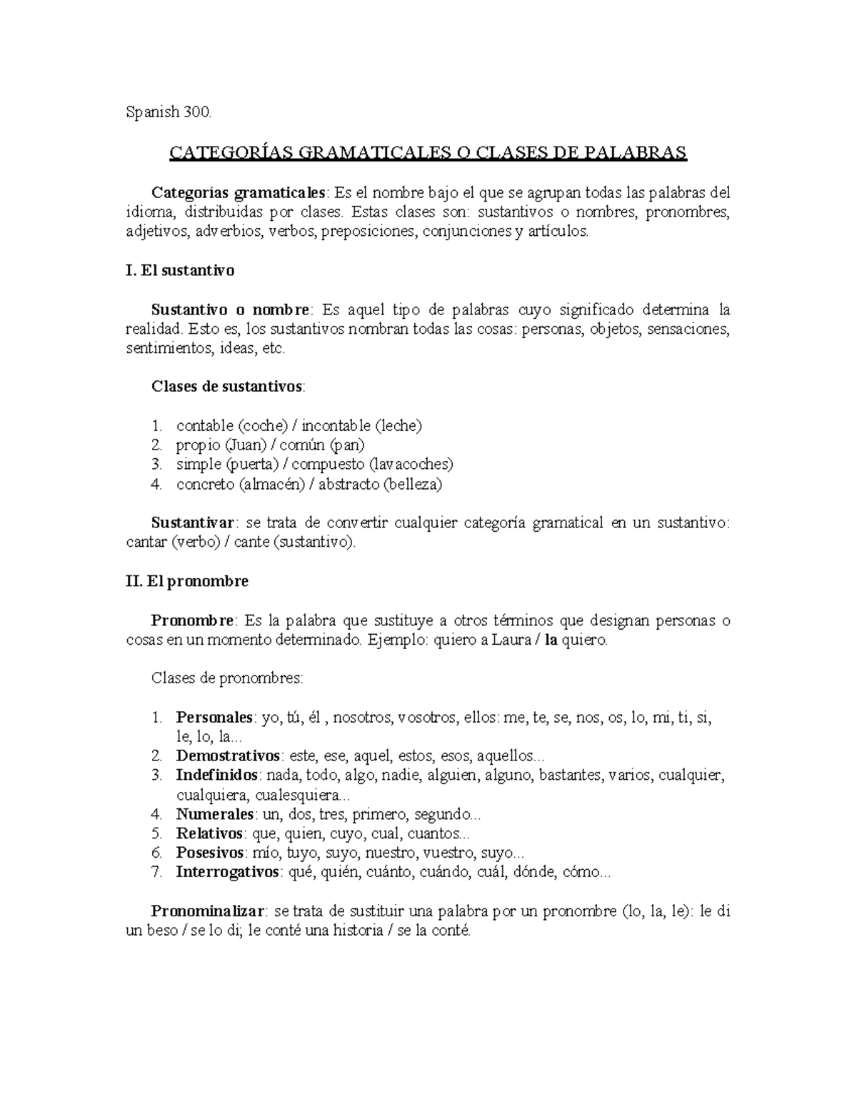 Spanish 300: Categorías Gramaticales y Clases de Palabras - Studocu