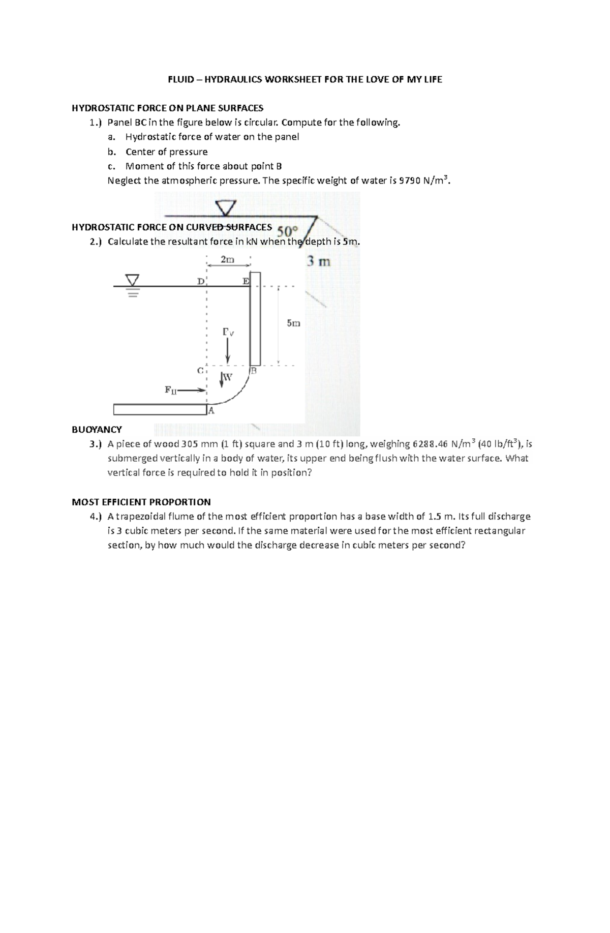 Fluid Mechanics - Hydraulics Worksheet for Analysis & Solutions - Studocu
