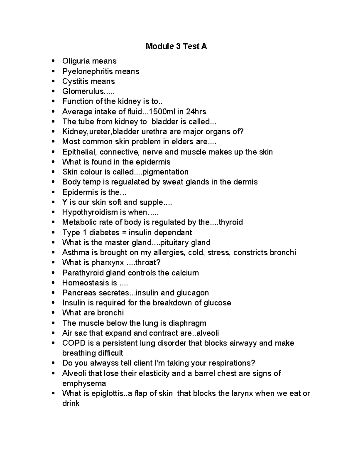 Module 3 test A - Examination Scope - Module 3 Test A Oliguria means ...