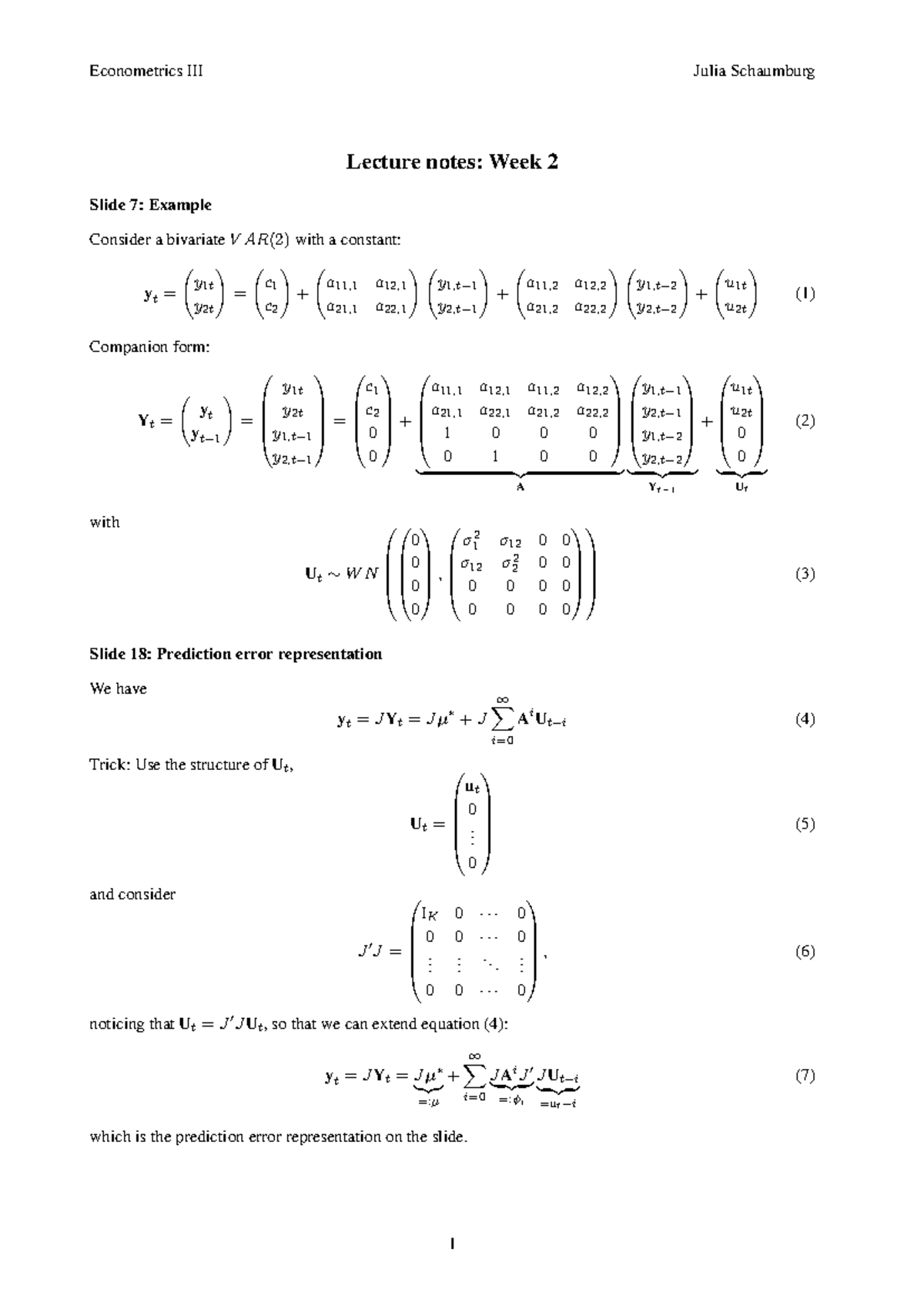 Ectr3 Week 2 Lecture Notes: Bivariate VAR(2) Model Insights - Studeersnel