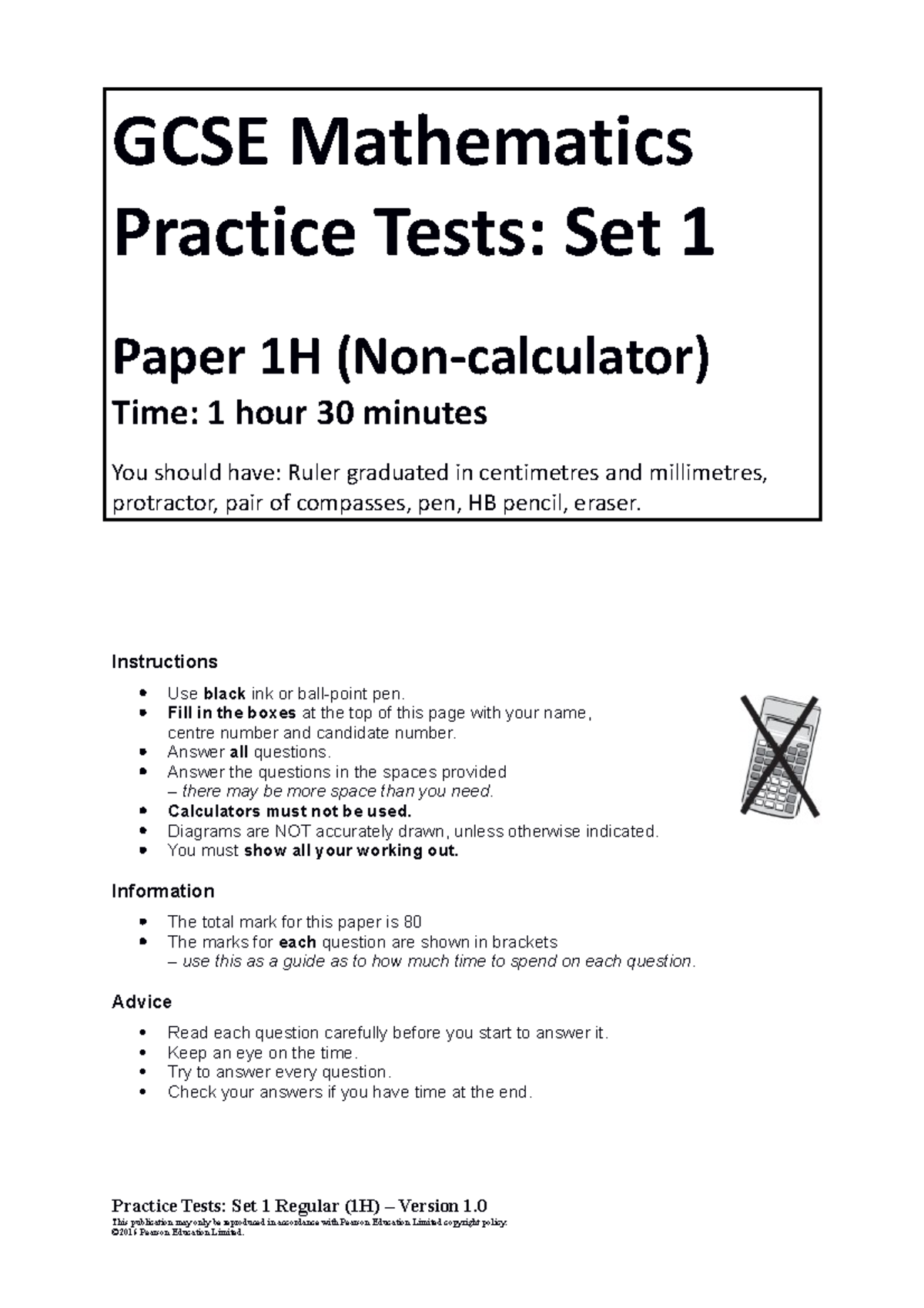 GCSE Maths Practice Test: Paper 1H (Non-Calculator) Set 1 - Studocu