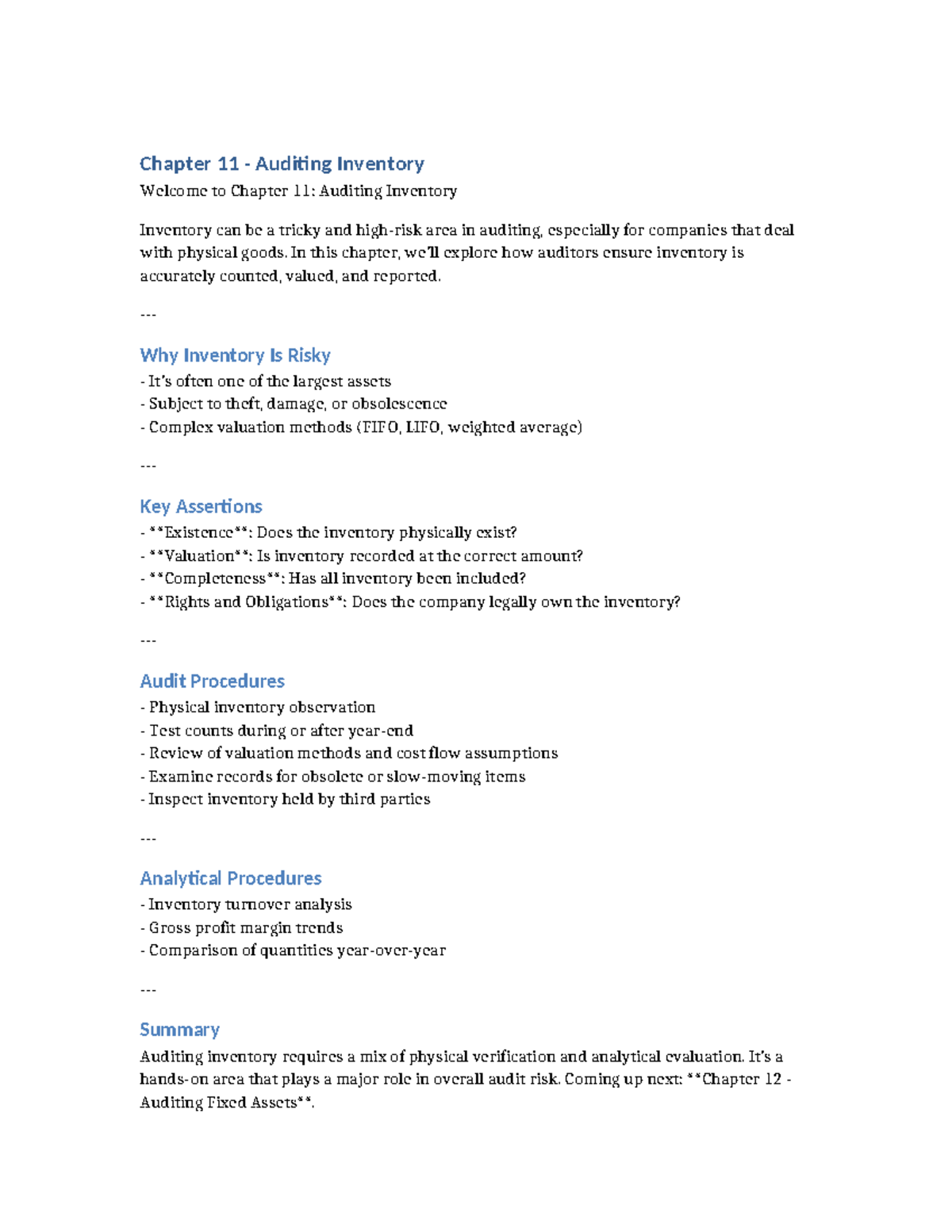Chapter 11: Auditing Inventory - Key Concepts and Procedures - Studocu
