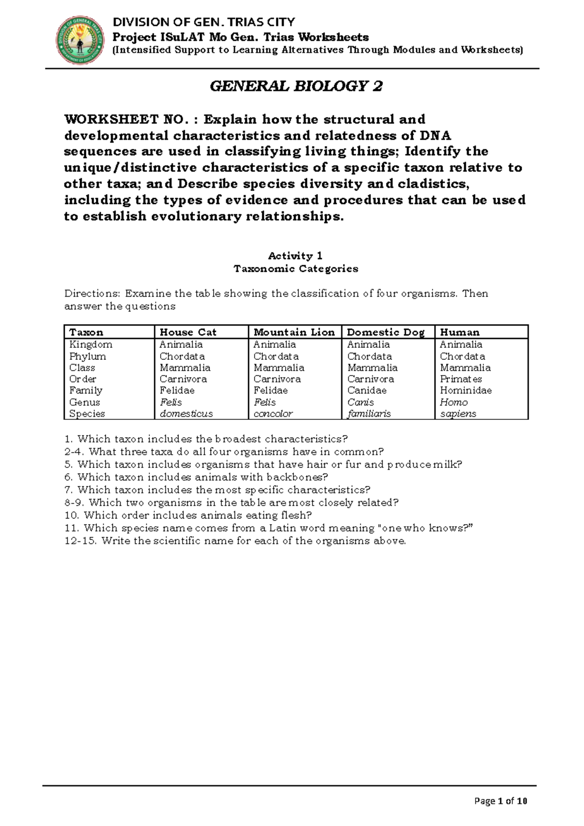 General Biology 2 (Bio 2): Taxonomy Review Worksheets and Activities ...
