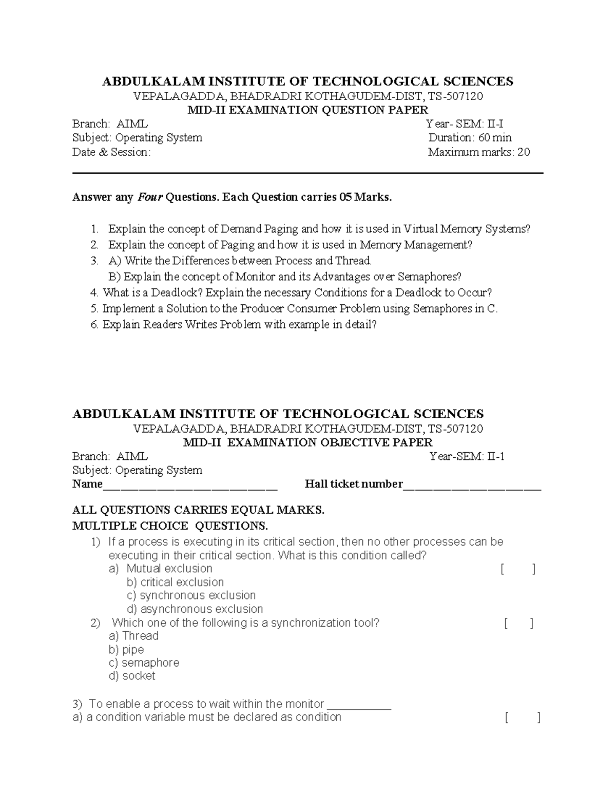 AIML Operating System Midterm Exam Question Paper - Studocu