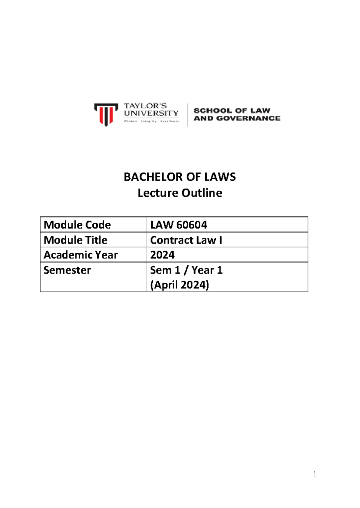 LAW 60604 Lecture Notes: Contract Law I Overview and Key Topics - Studocu