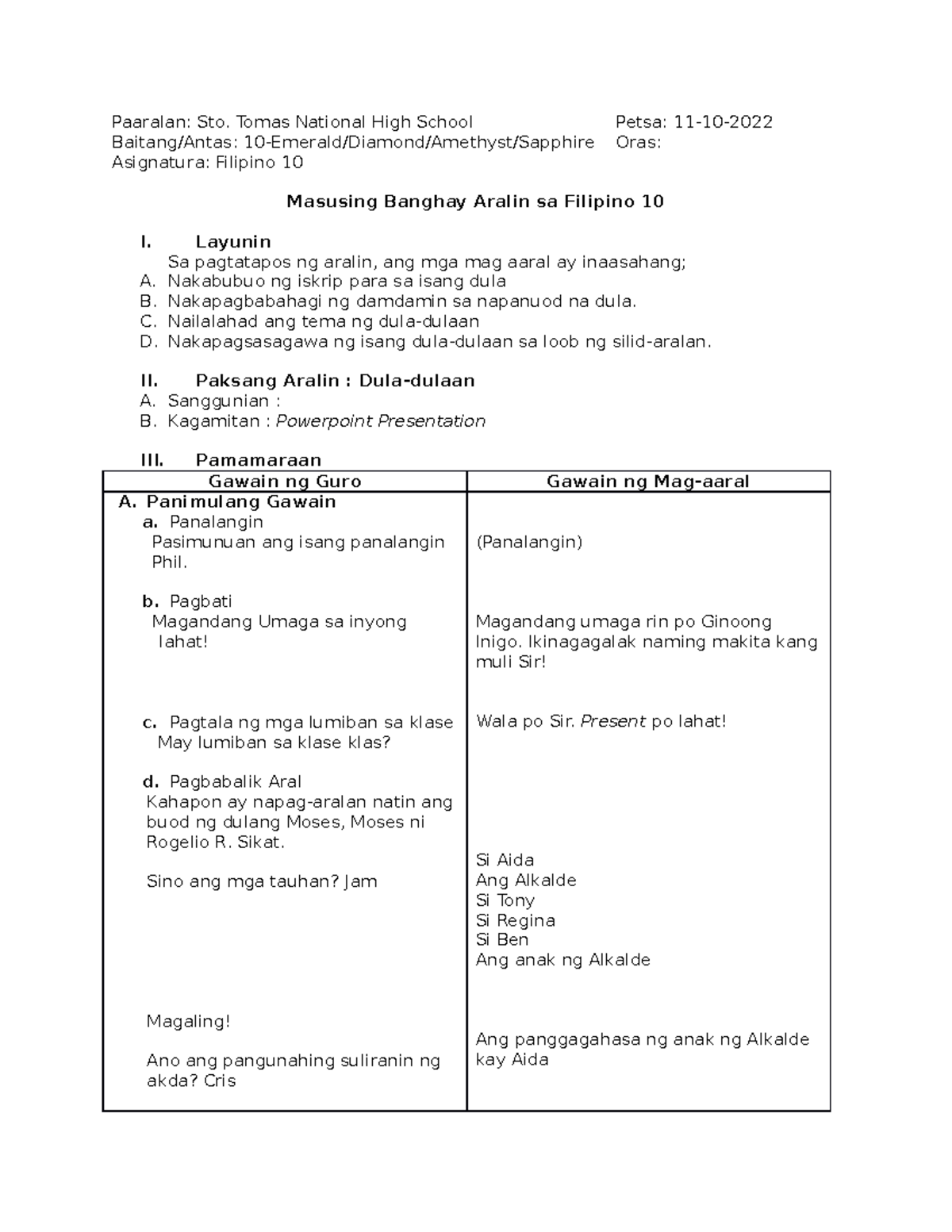 Masusing Banghay Aralin sa Dula-dulaan (Filipino 10) - Studocu