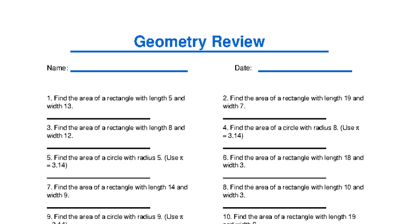 Geometry Review 7: Area Calculations for Rectangles & Circles - Studocu
