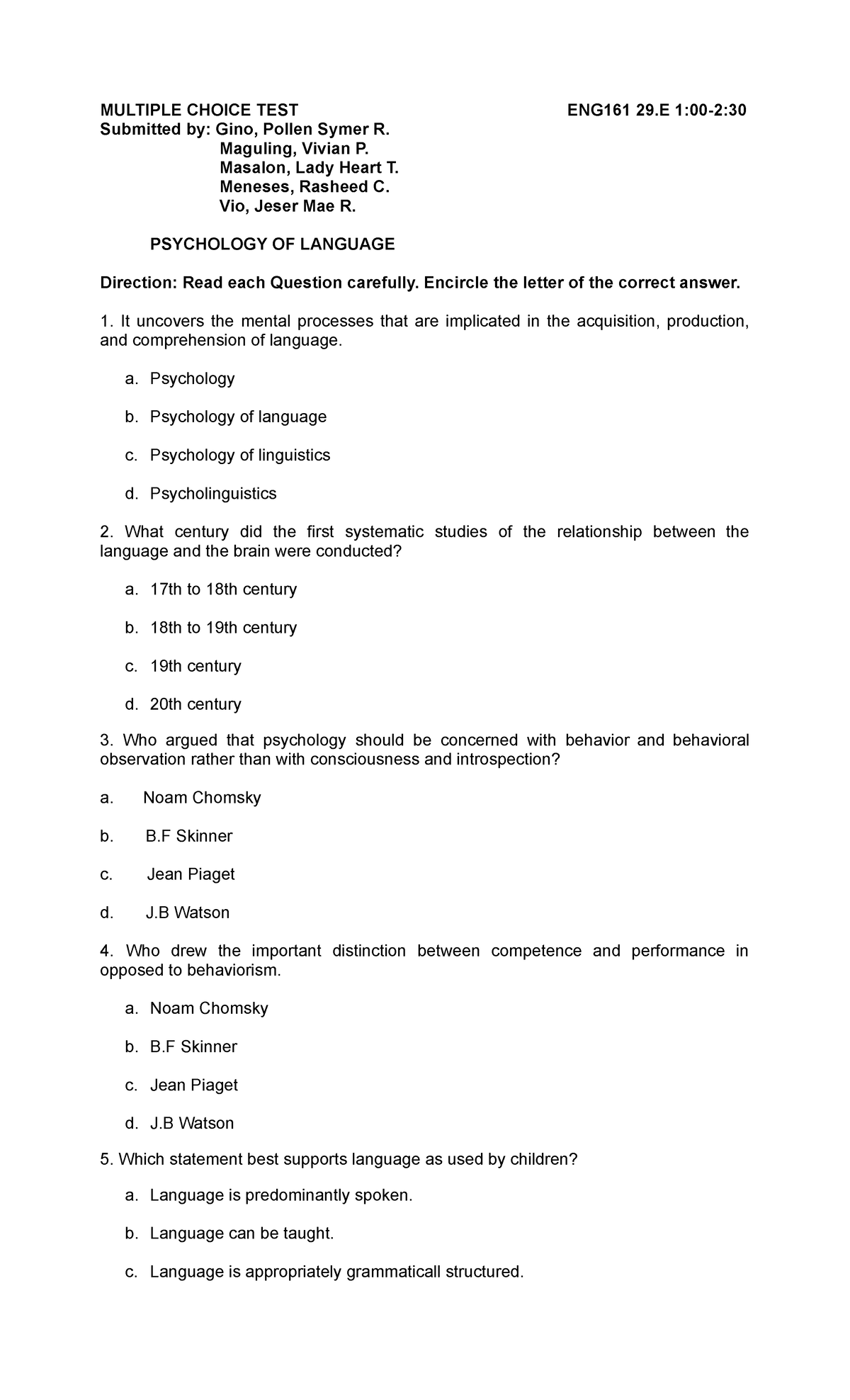 Multiple Choice Test-Psychology of Language - MULTIPLE CHOICE TEST ...