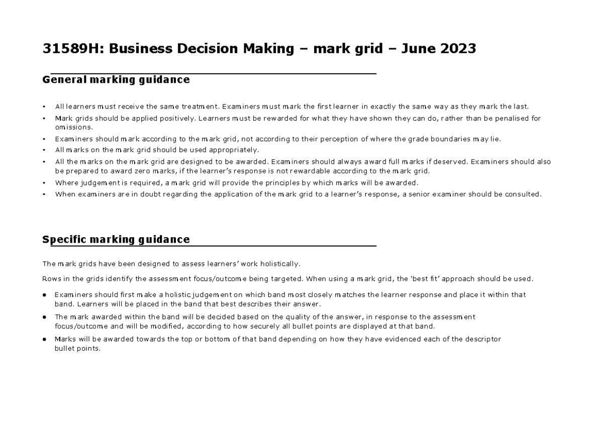 Marking Grid for 31589H: Business Decision Making Exam – June 2023 ...