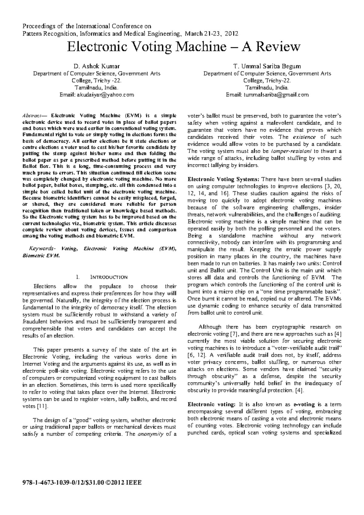 Electronic Voting Machine – A Review - Proceedings of the International ...