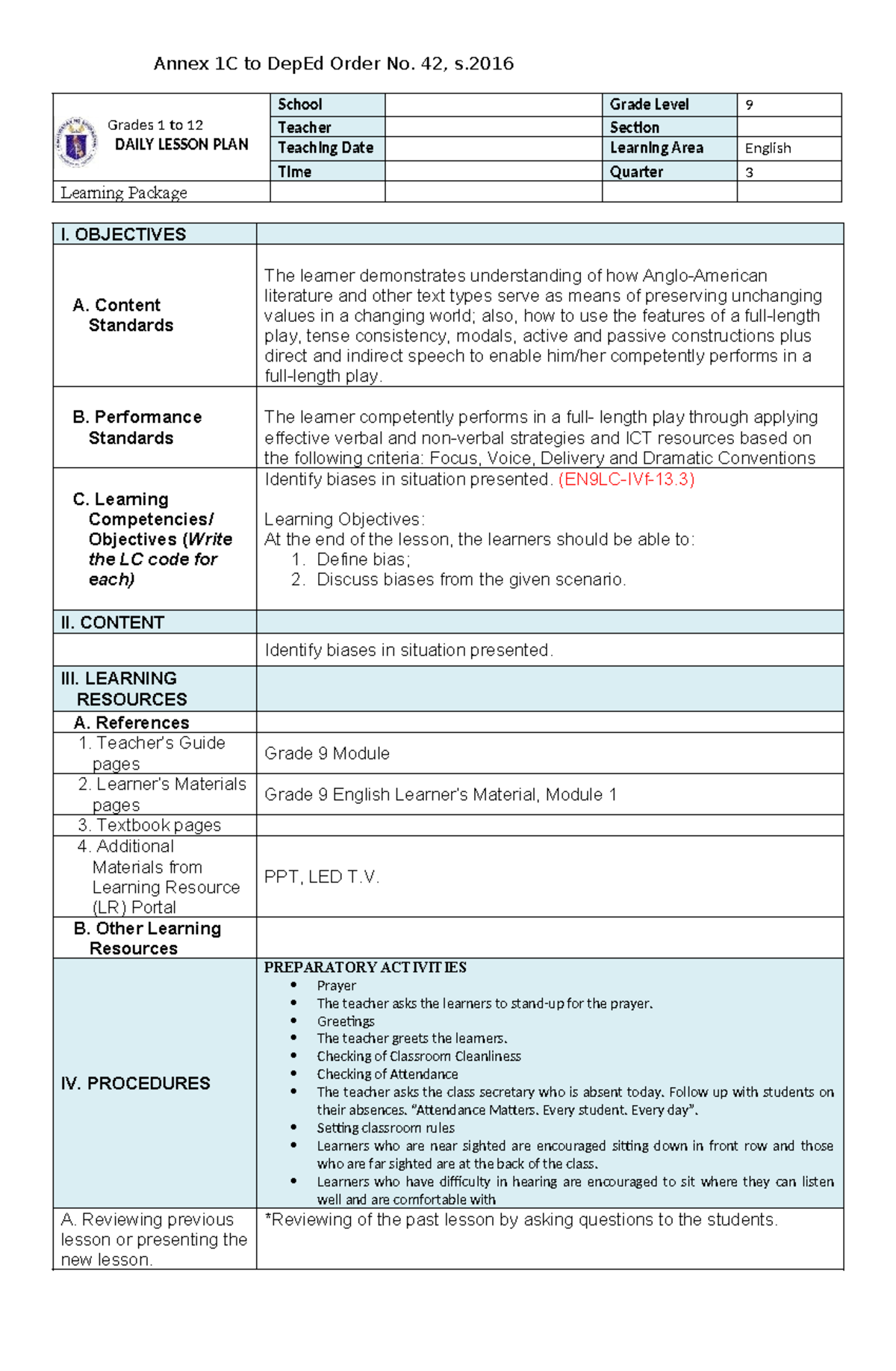 Lesson PLAN-BIAS - Grades 1 to 12 DAILY LESSON PLAN School Grade Level ...