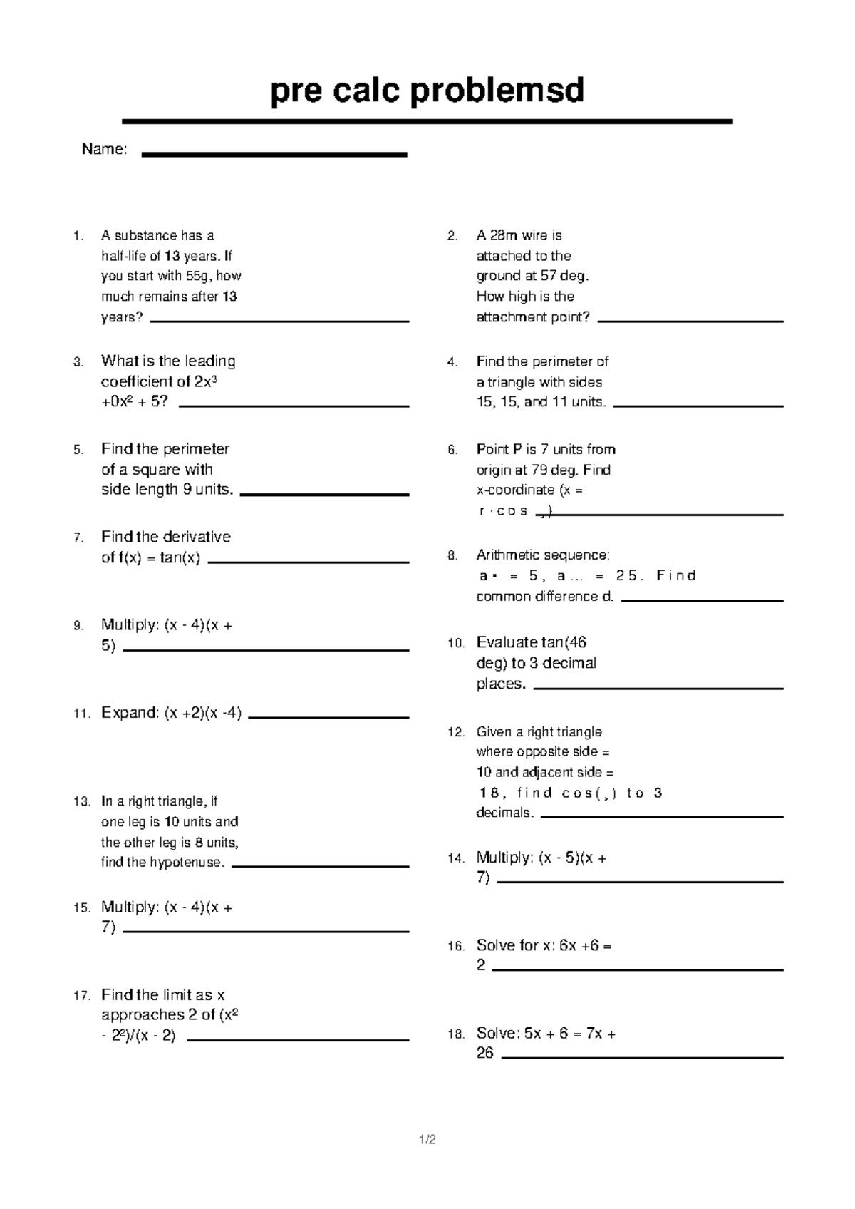 Pre Calc Problems: Practice Questions and Solutions - Studocu
