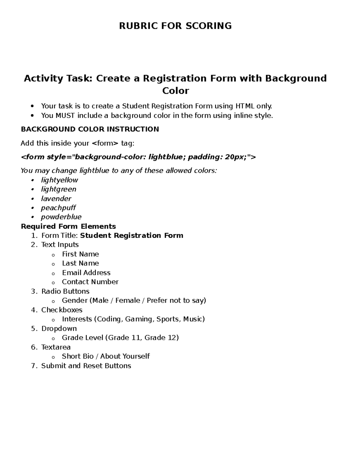 RUBRIC FOR SCORING: Student Registration Form Activity Task - Studocu