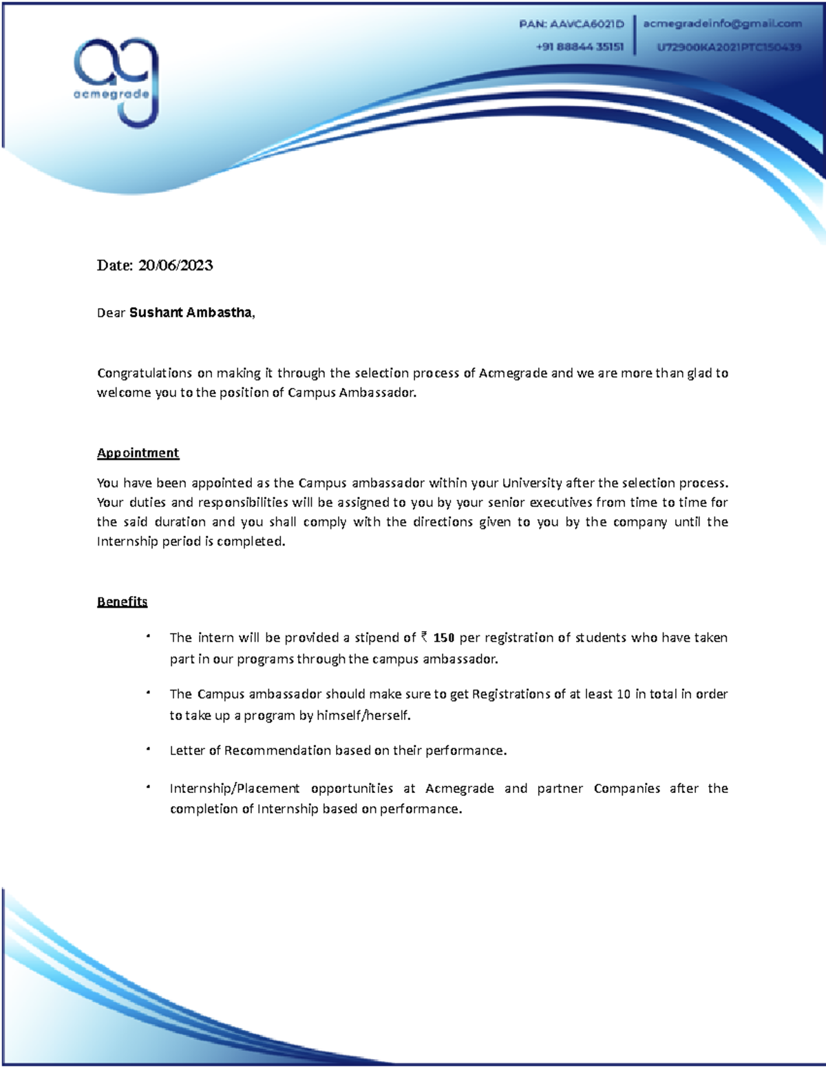 Acmegrade Internship Offer Letter for Campus Ambassador Role - Studocu