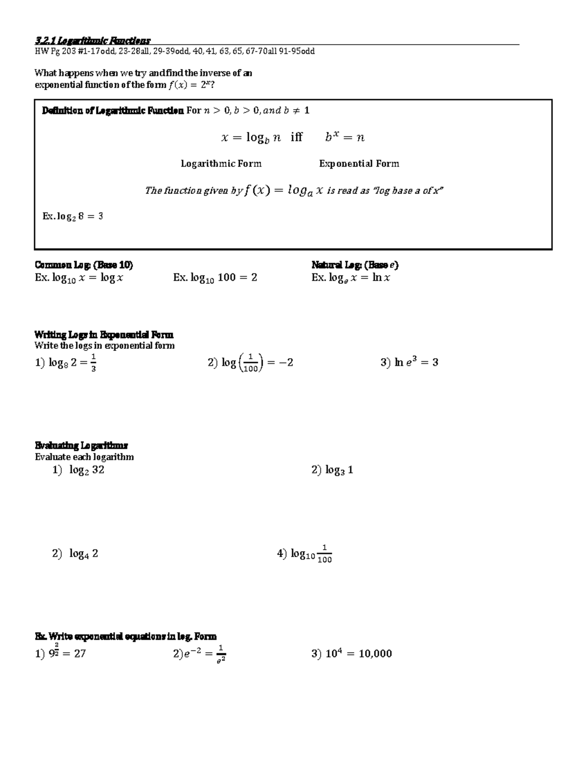 3.2.1 HW Notes on Logarithmic Functions and Inverses - Studocu