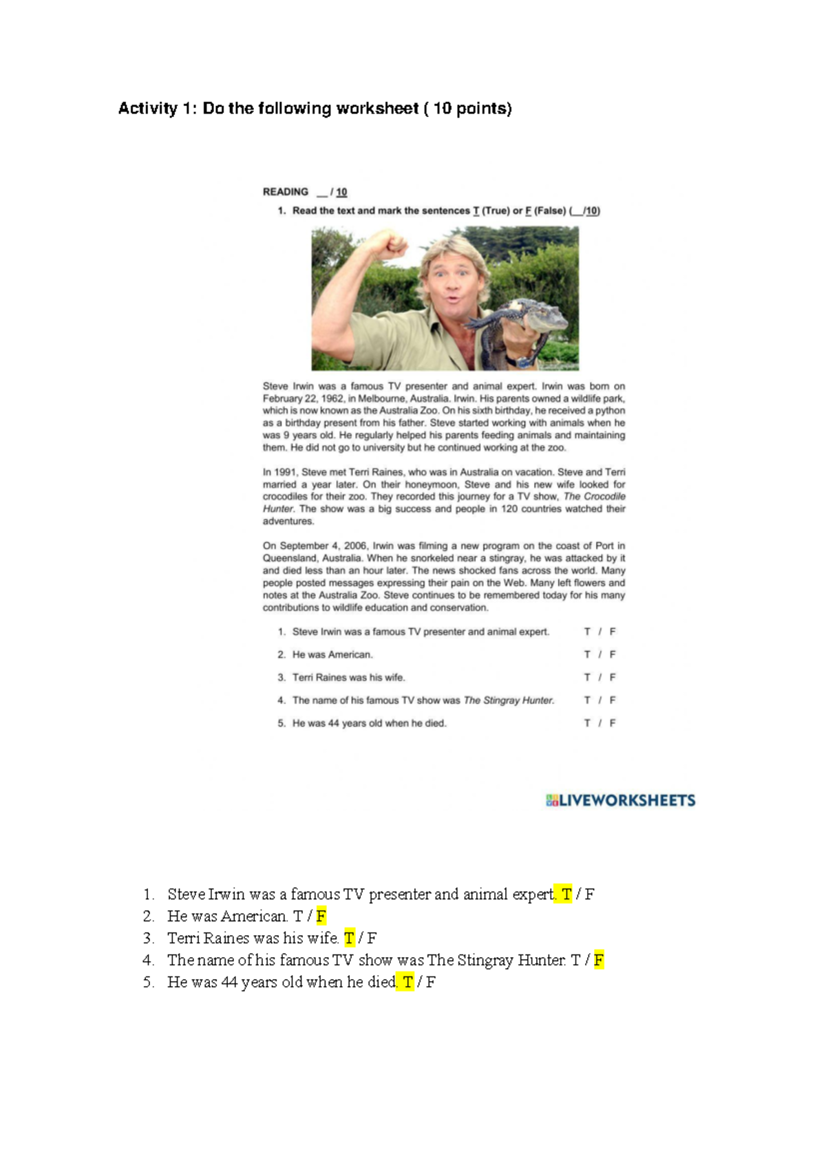 Activity 1 - Worksheet on Steve Irwin (10 Points) - Studocu